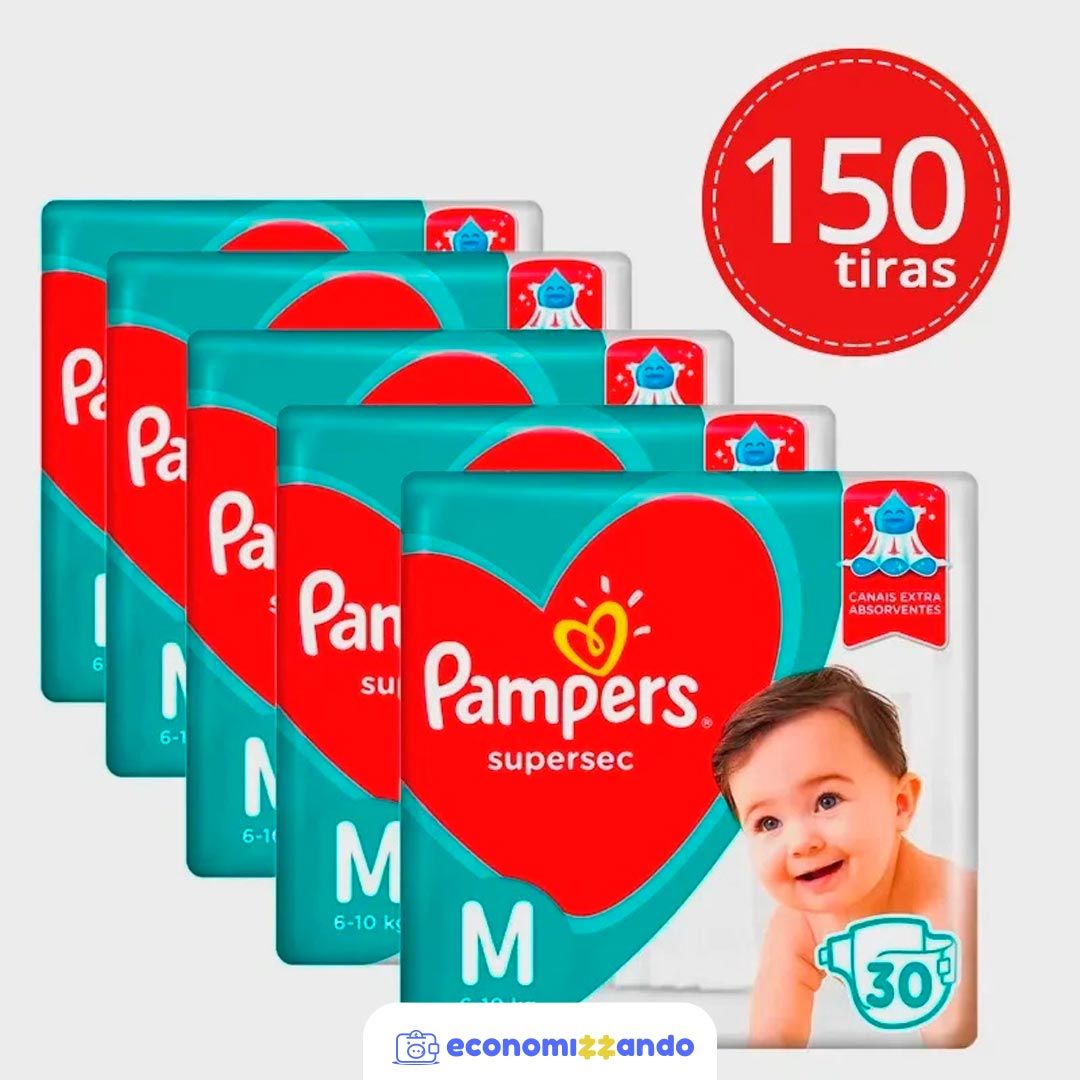 kit 5 fraldas pampers supersec pacotão m 150 unidades | Economizzando